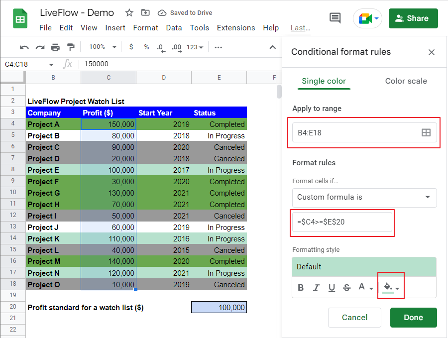 Conditional Formatting Based On Another Cell Value In Google Sheets